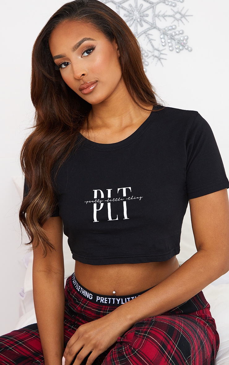 Plt Black Logo Crop Pj T-Shirt | PrettyLittleThing AUS