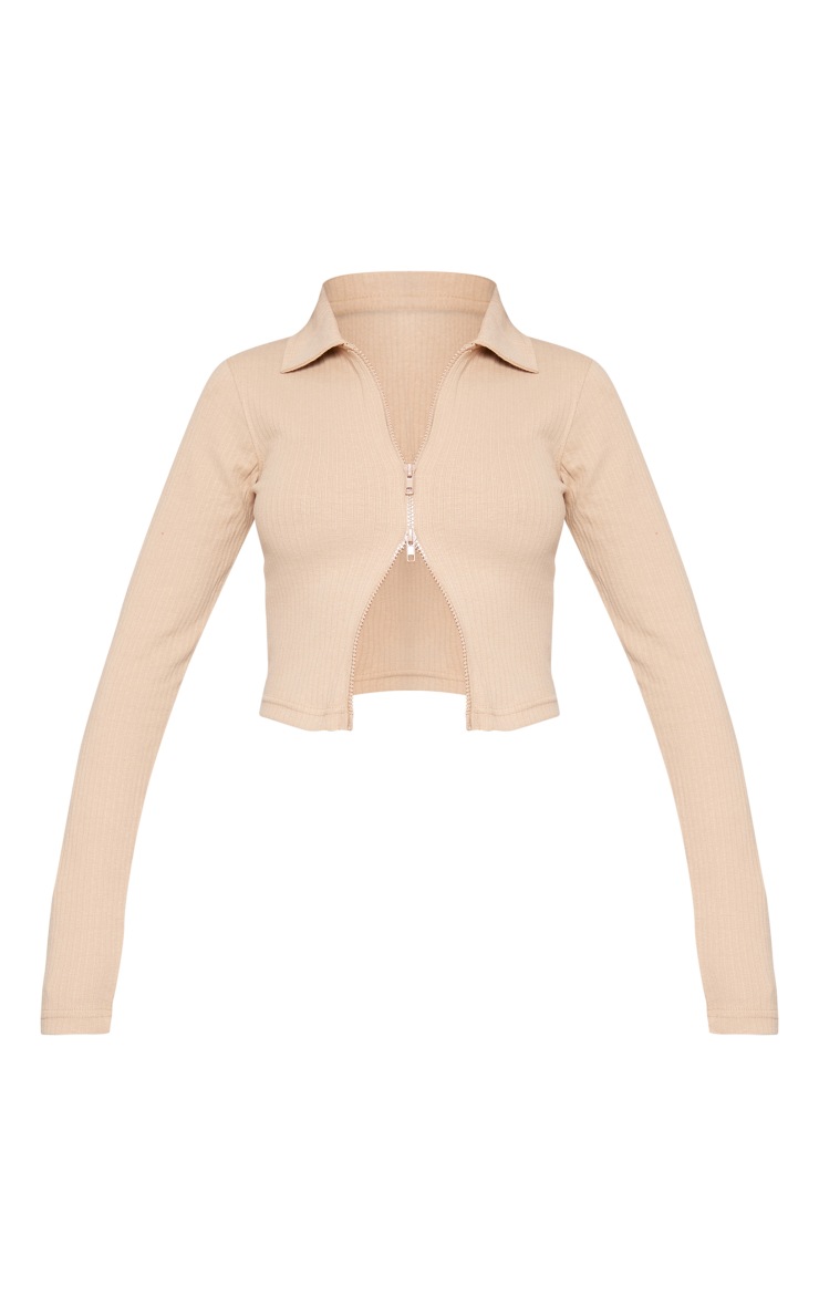 Sand Jumbo Rib Collar Double Zip Top | Tops | PrettyLittleThing USA