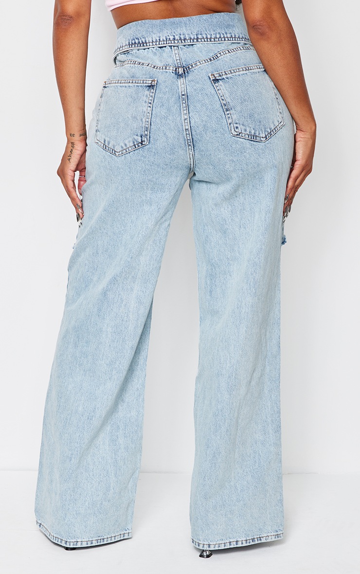 Shape Light Blue Acid Wash Denim Foldover Waist Ripped Jeans | Shape ...