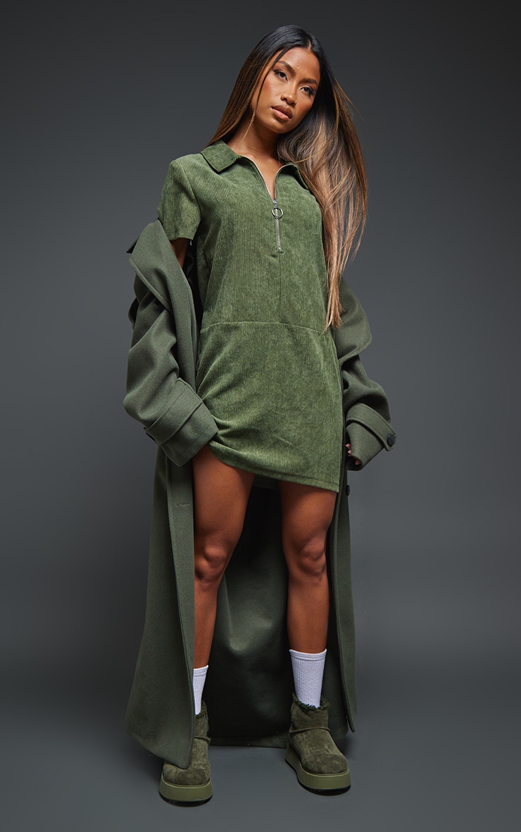 Dark Khaki Cord Half Zip Polo Collar Shirt Dress | Dresses ...