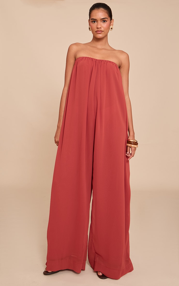 Rust Chiffon Bandeau Puffball Jumpsuit | Dresses | PLT