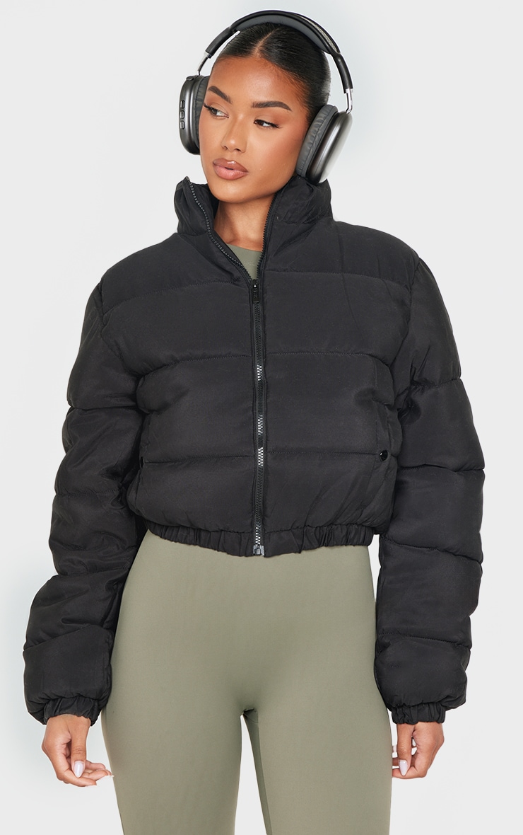 Black Cropped Peach Skin Bubble Puffer Jacket | Outerwear ...