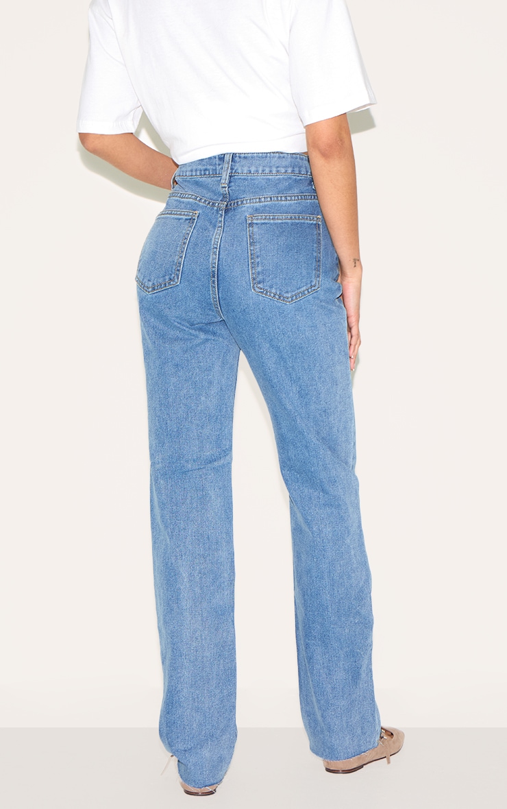 Mid Blue Wash Raw Hem Straight Leg Jean | Denim | PLT