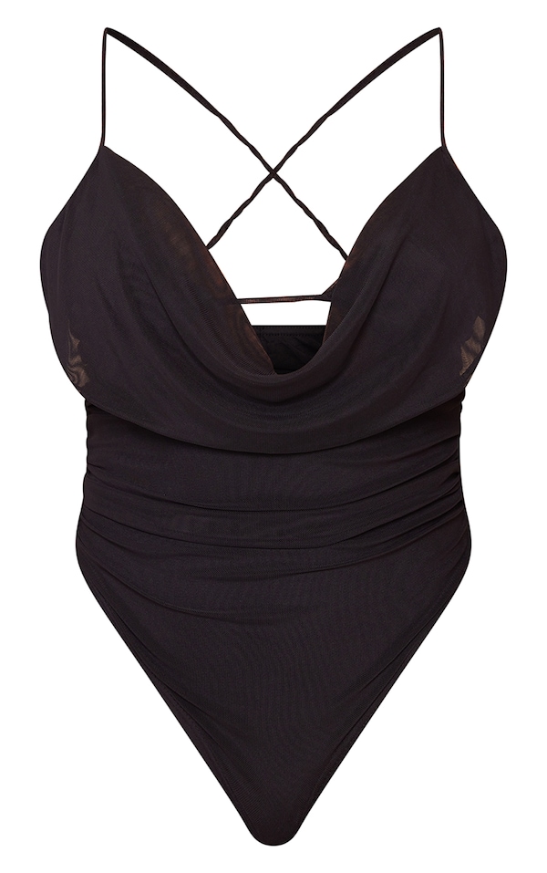 Shape Black Mesh Cowl Bralet Ruched Bodysuit | Shape | PLT
