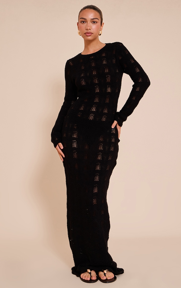Black Long Sleeve Backless Maxi Dress | Knitwear | PLT