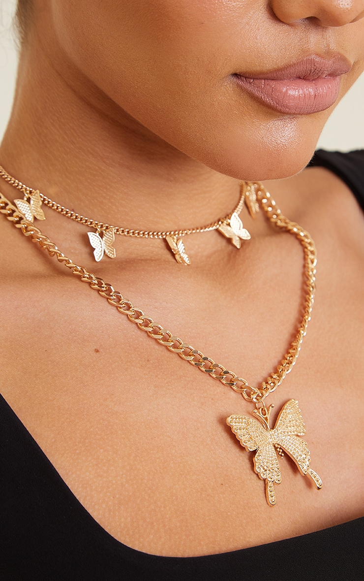 Gold Chain Double Pave Butterfly Necklace | PrettyLittleThing