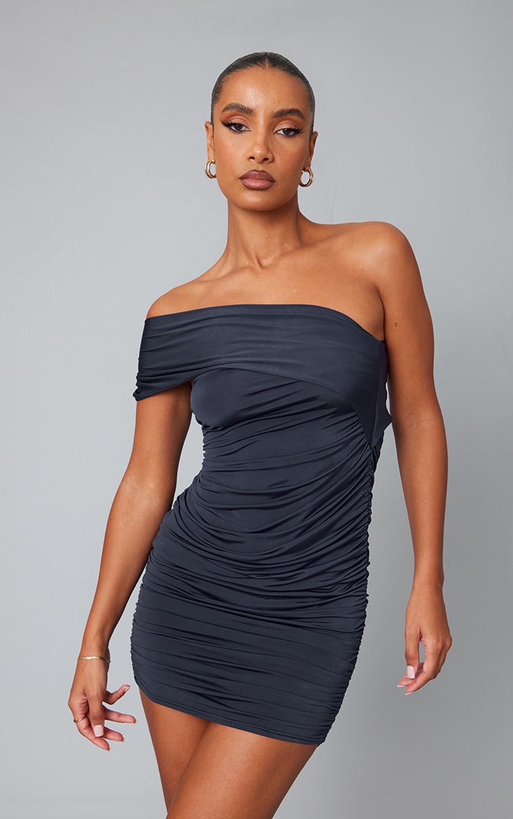 Navy Slinky Asymmetric One Shoulder Bodycon Dress | Dresses | PLT