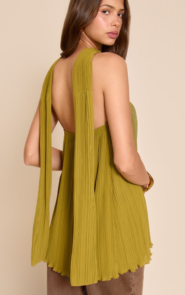 Olive Chiffon Bandeau Neck Scarf Detail Long Top | Tops | PLT