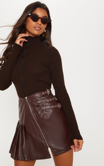 Brown Zip Through Knitted Top | Knitwear | PLT USA