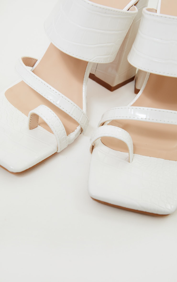 White Wide Fit PU Croc Toe Loop Block Heel Mules | Footwear | PLT