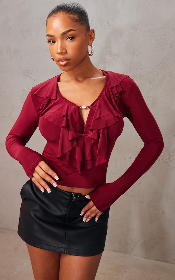 Cherry Red Slinky Diamante Frill Long Sleeve Top | Tops | PLT
