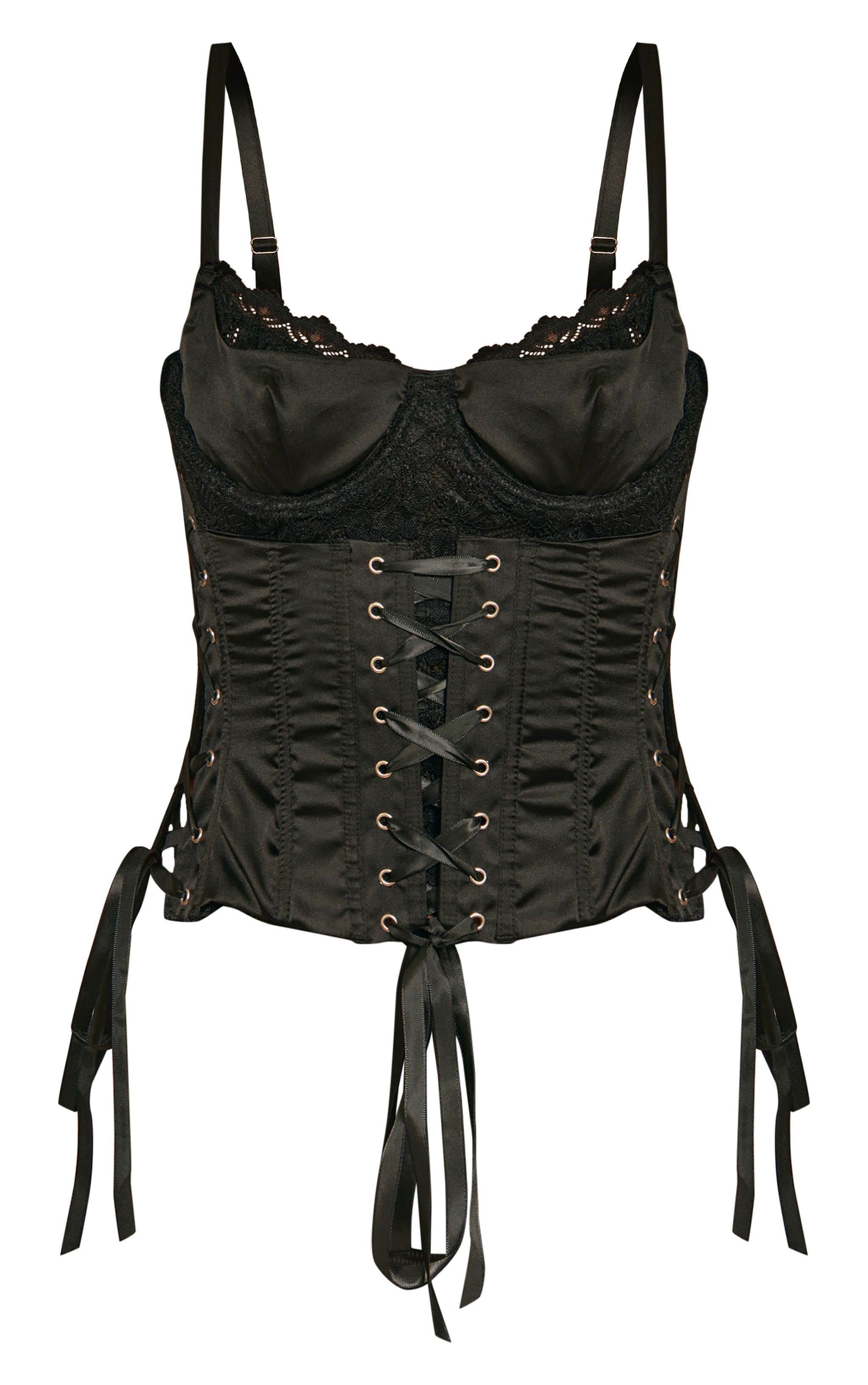 Black Satin Insert Lace Up Front Corset Top | PrettyLittleThing UAE