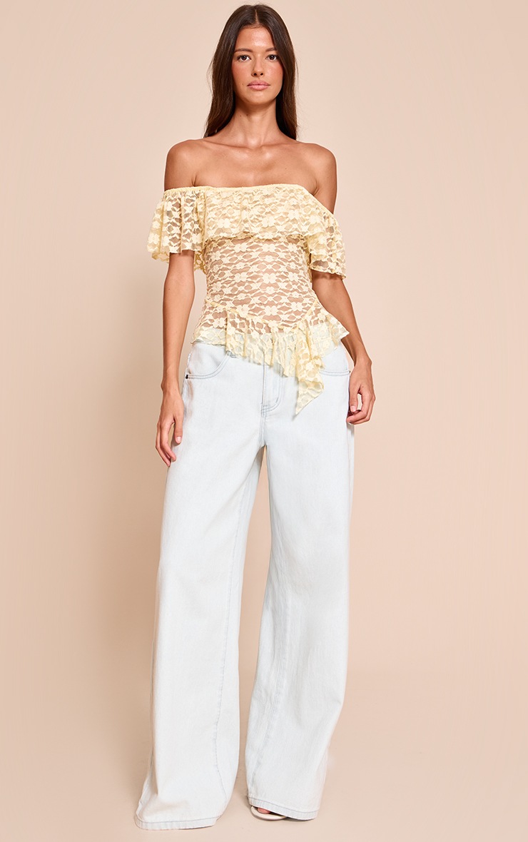 Lemon Textured Lace Ruffle Drape Detail Long Top | Tops ...