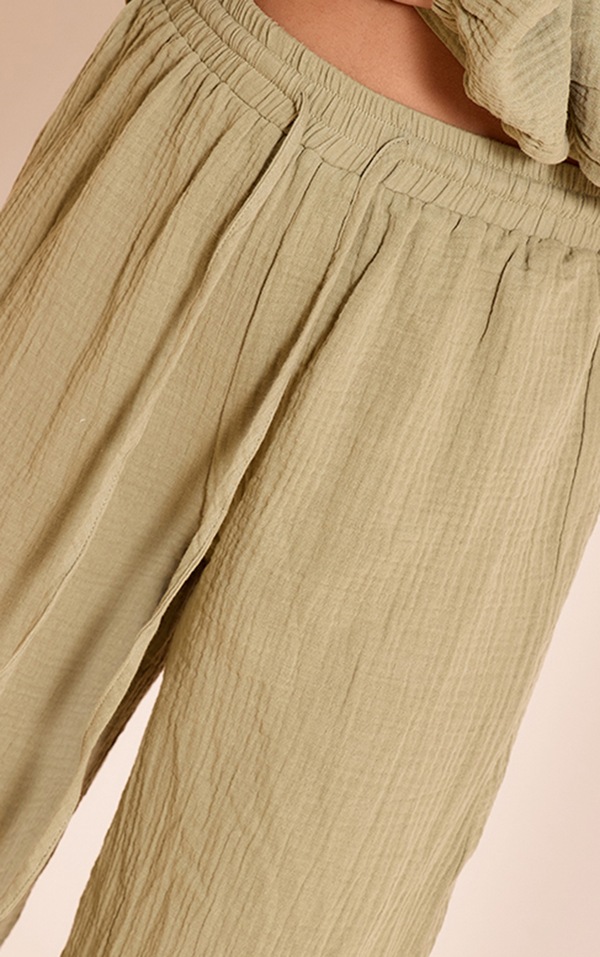 Khaki Cheesecloth Textured Wide Leg Pants | Co-ords | PLT USA