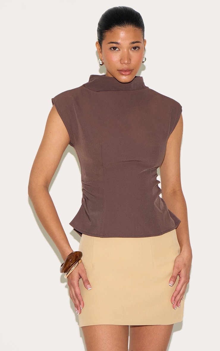 Chocolate Ruched Woven Shoulder Pad Top | Tops | PrettyLittleThing AUS