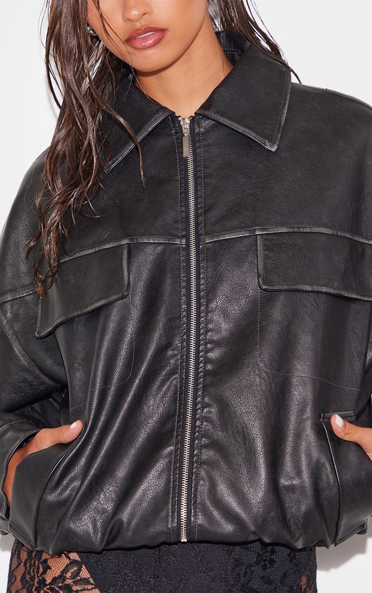 Black Worn PU Pocket Longline Bomber Jacket | Outerwear | PLT