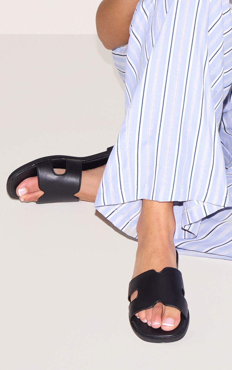 Black PU Square Toe Slider Sandals | Footwear | PrettyLittleThing USA