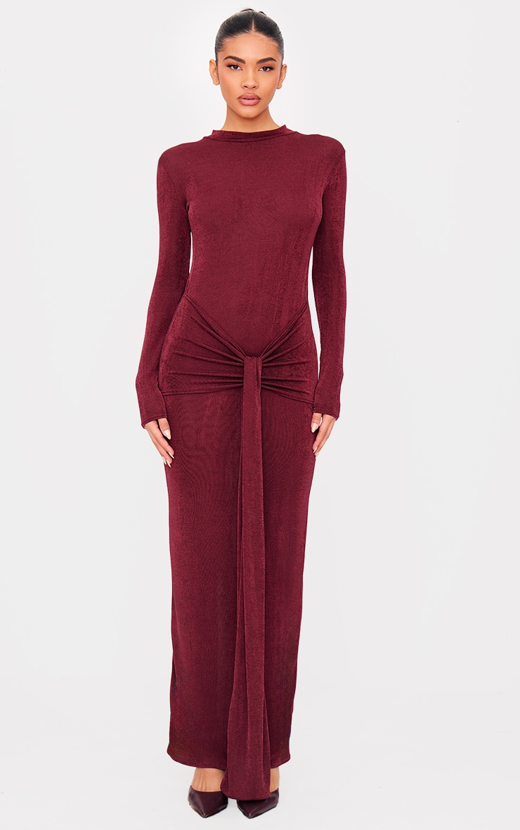 Burgundy Slinky Acetate Wrap Maxi Dress | Dresses | PrettyLittleThing KSA