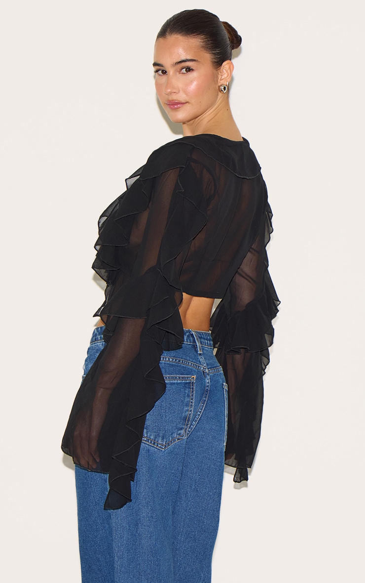 Black Extreme Frill Tie Front Flare Sleeve Blouse | Tops | PLT USA