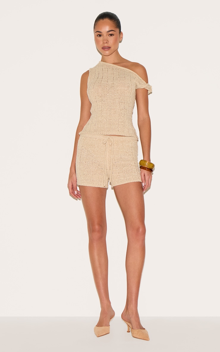Oatmeal Textured Filigree Knit Mini Shorts | Knitwear | PrettyLittleThing KSA
