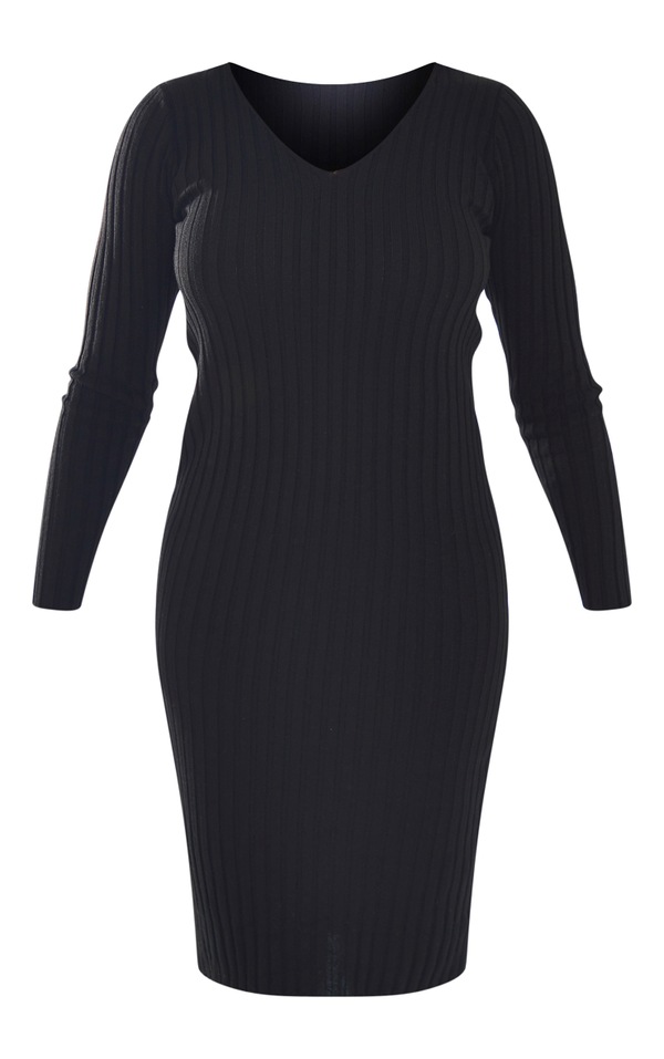 Black Basic Ribbed Long Sleeve Midi Knit Dress | Knitwear | PLT