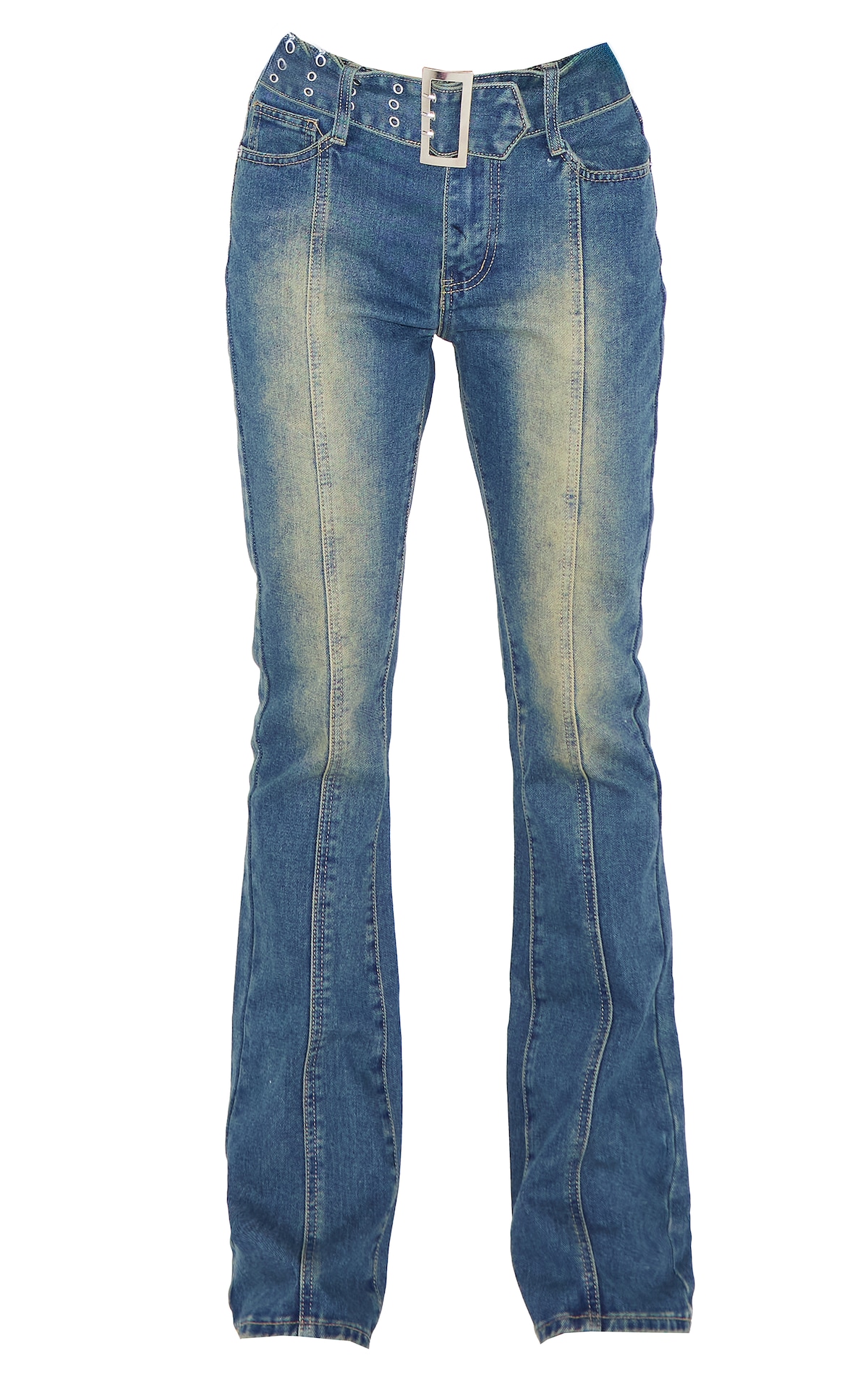 Indigo Vintage Wash Belted Seam Front Flare Jeans | Denim ...