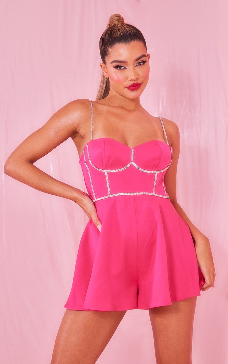 Pink Diamante Bust Detail Strappy Romper | Dresses | PrettyLittleThing USA