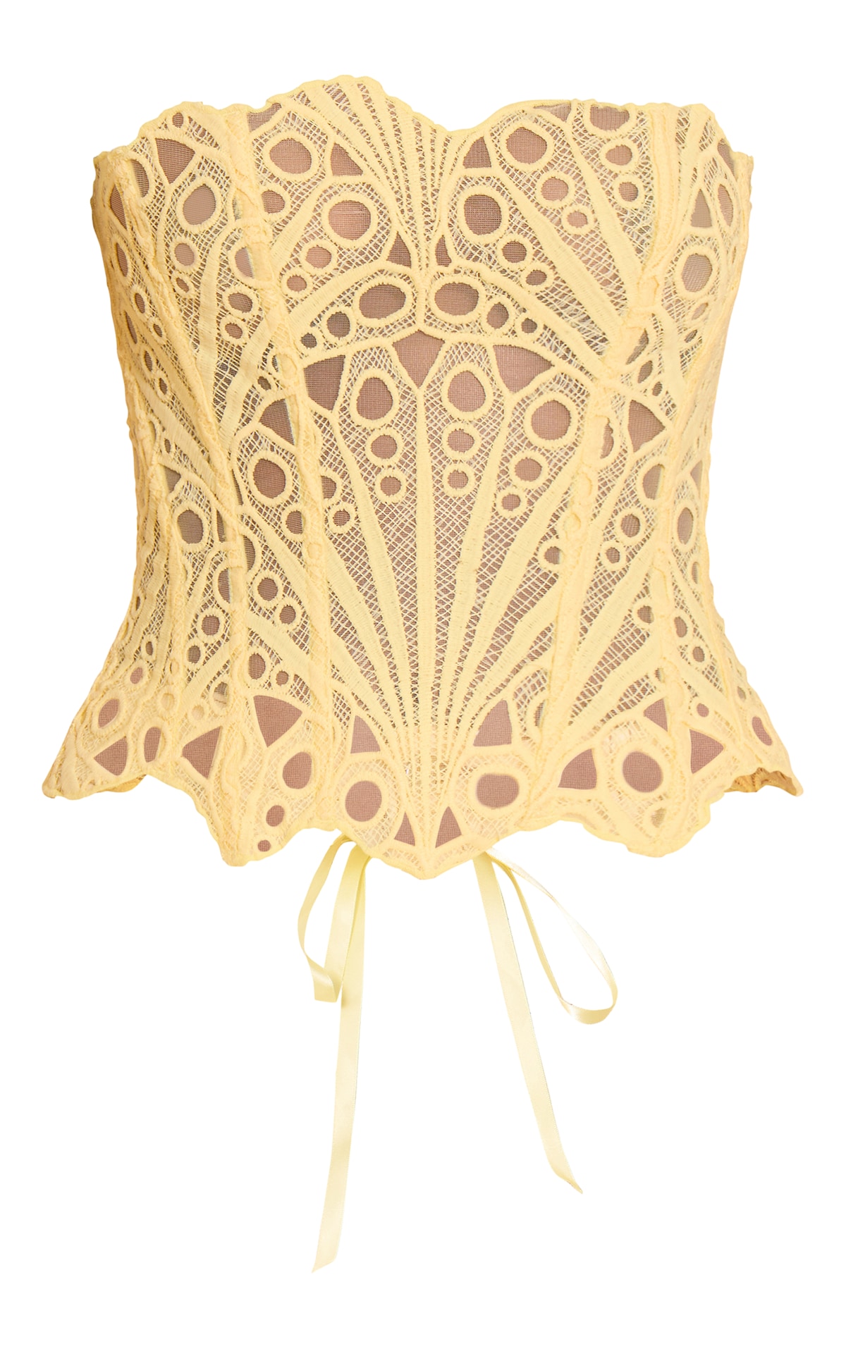 Butter Yellow Textured Sheer Floral Lace Corset | Tops | PLT USA