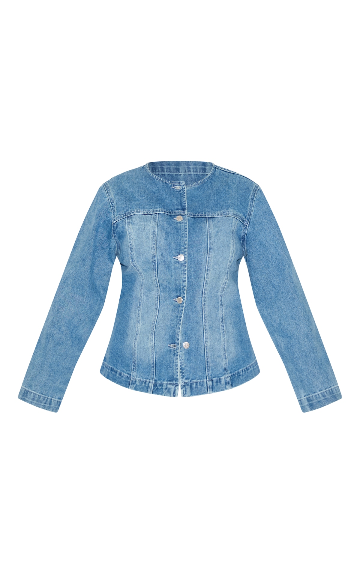Plus Mid Blue Wash Mid Blue Wash Cinched Round Neck Denim Jacket | Plus ...