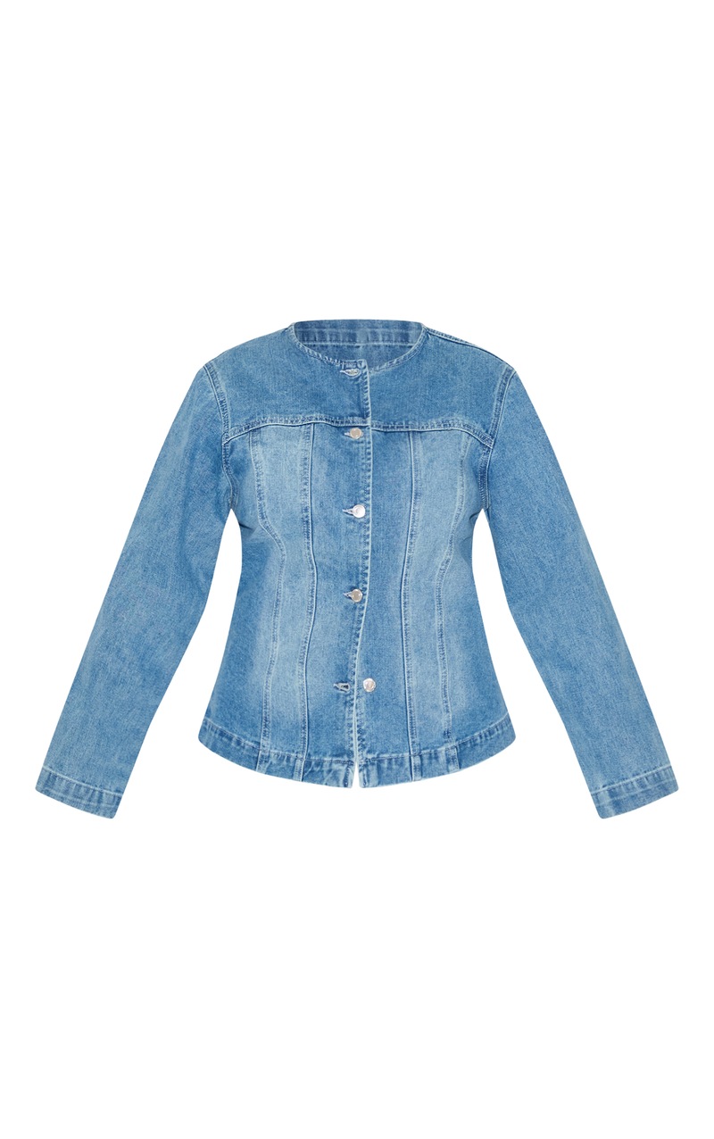 Plus Mid Blue Wash Mid Blue Wash Cinched Round Neck Denim Jacket | Plus ...