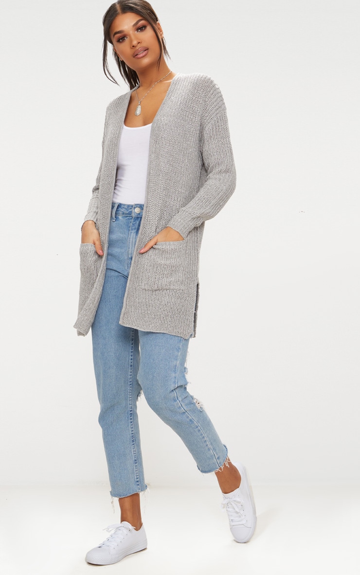 Grey Chunky Knit Pocket Cardigan | Knitwear | PrettyLittleThing USA