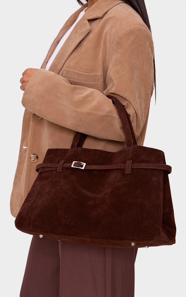Chocolate Faux Suede Buckle Square Tote Bag | Accessories ...