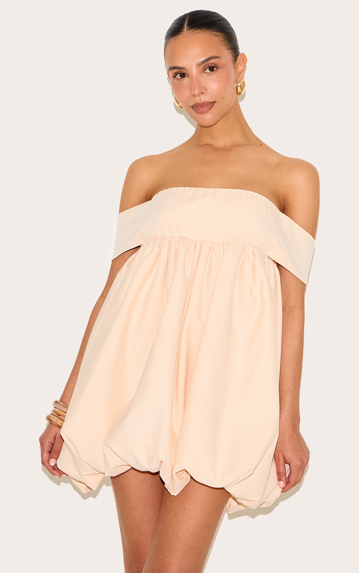 Petite Peach Bardot Puffball Mini Dress | Petite | PrettyLittleThing USA