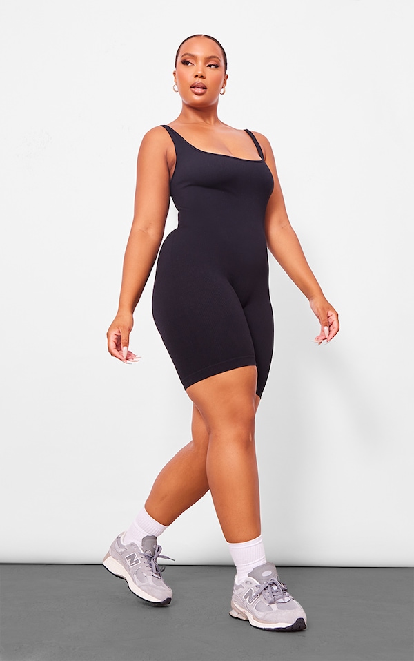 Plus Black Contour Ribbed Scoop Neck Unitard | Plus Size | PLT