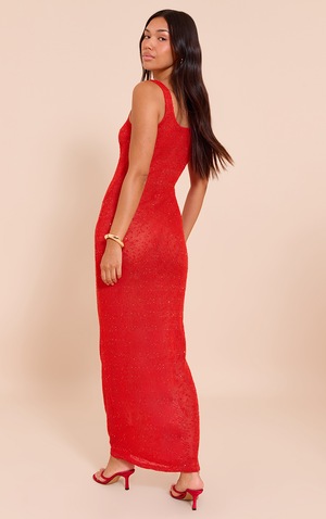 Tomato Red Sequin Sheer Racer Neck Maxi Dress | Dresses | PLT