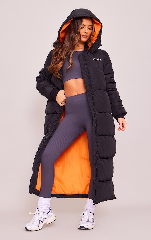 Plt Badge Black Ribbed Trim Maxi Coat | PrettyLittleThing