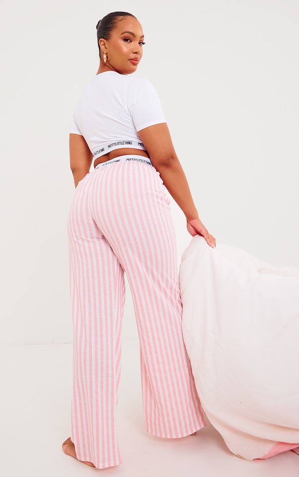 PRETTYLITTLETHING Plus Pink Striped Trouser Pj Set | Plus Size | PLT
