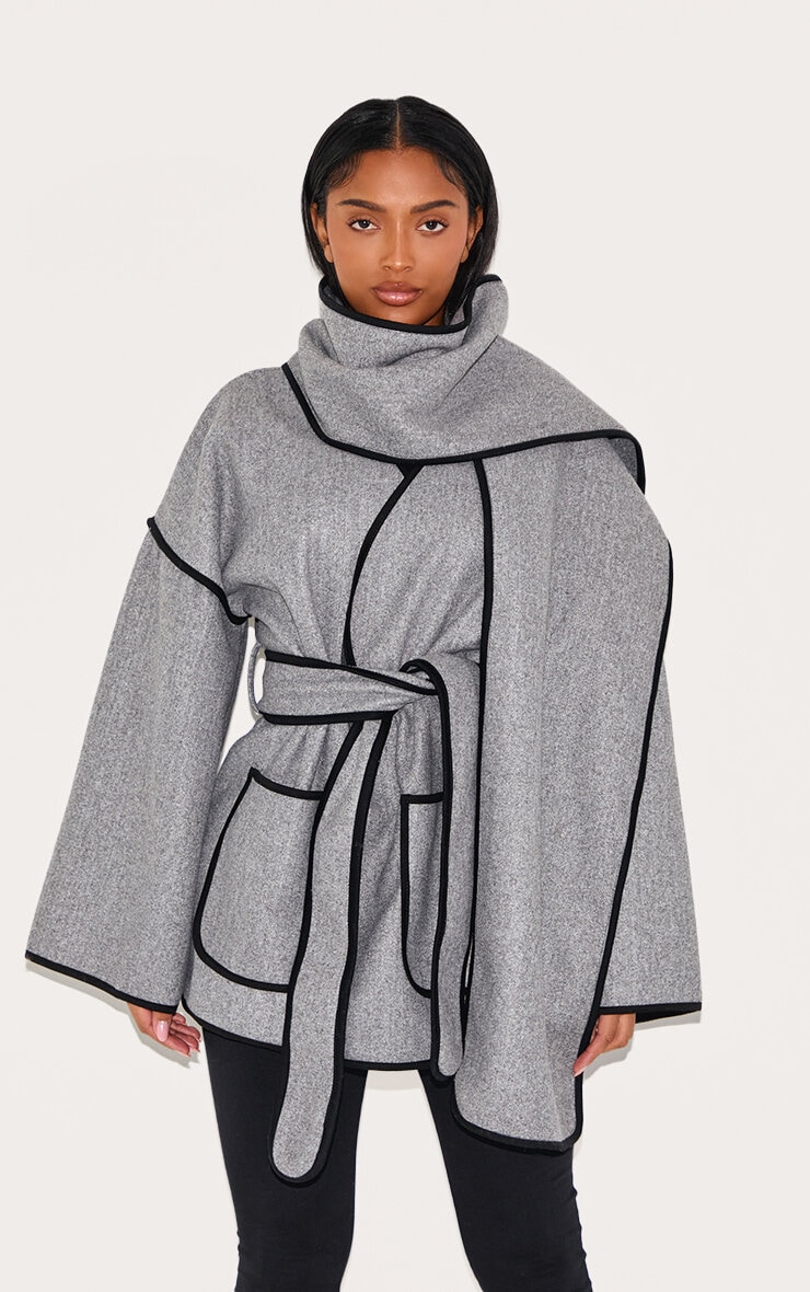 Shape Grey Wool Contrast Binding Over Belted Jacket Scarf | Shape | PLT