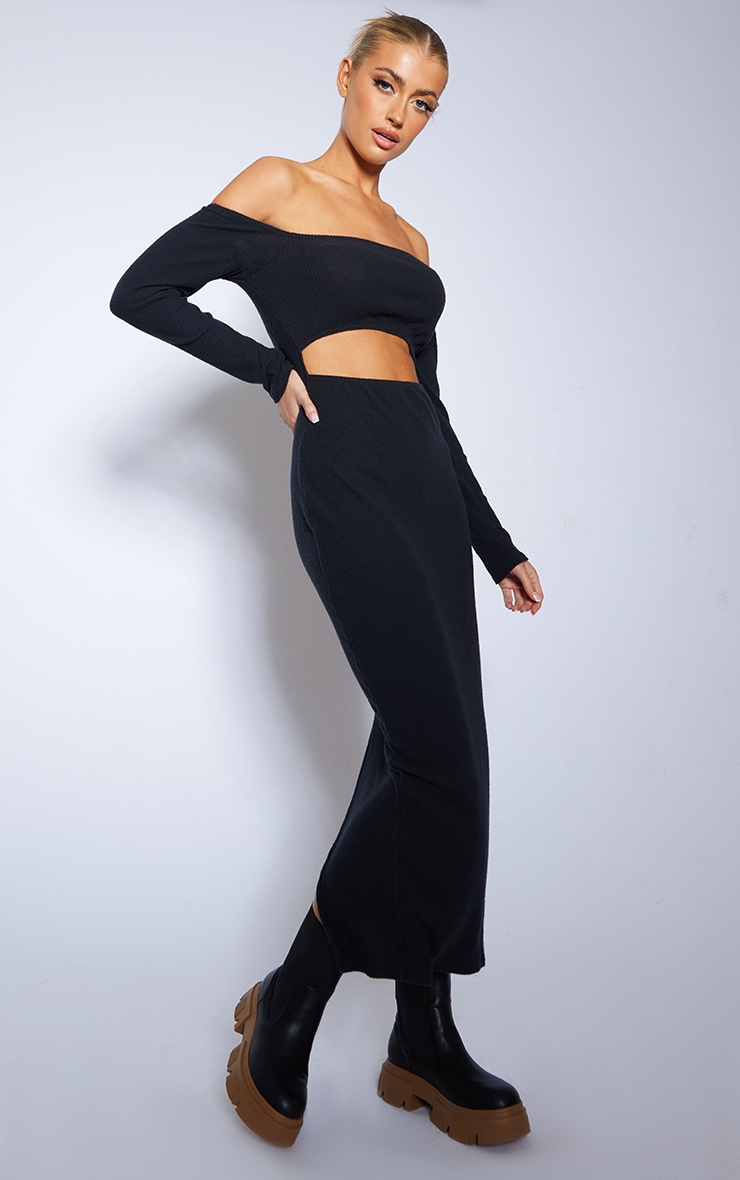 Black Brushed Rib Cut Out Square Neck Midaxi Dress | Dresses | PLT