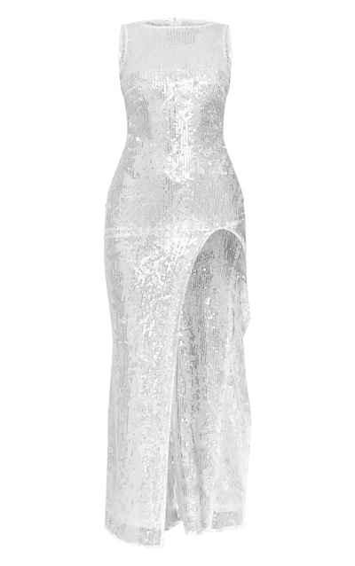 White Textured Sequin Racer Neck Maxi Dress | Dresses | PLT