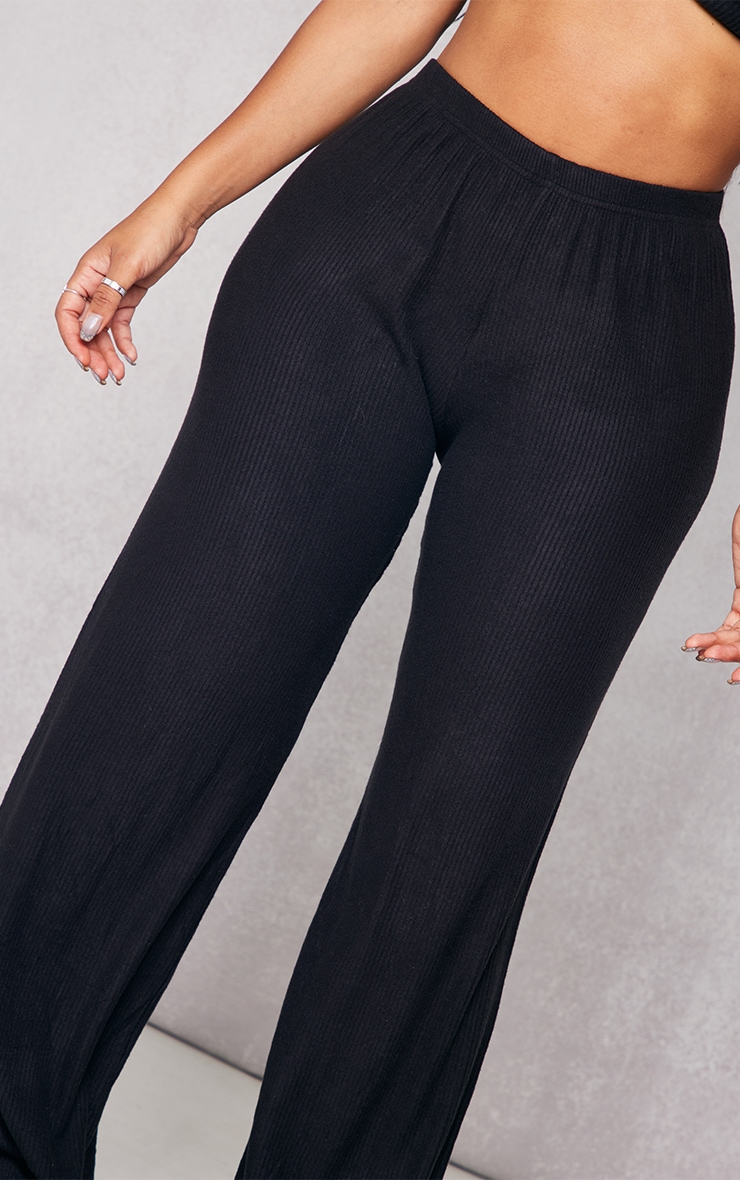 Shape Black Brushed Ribbed Wide Leg Trousers | Shape | PLT IRE