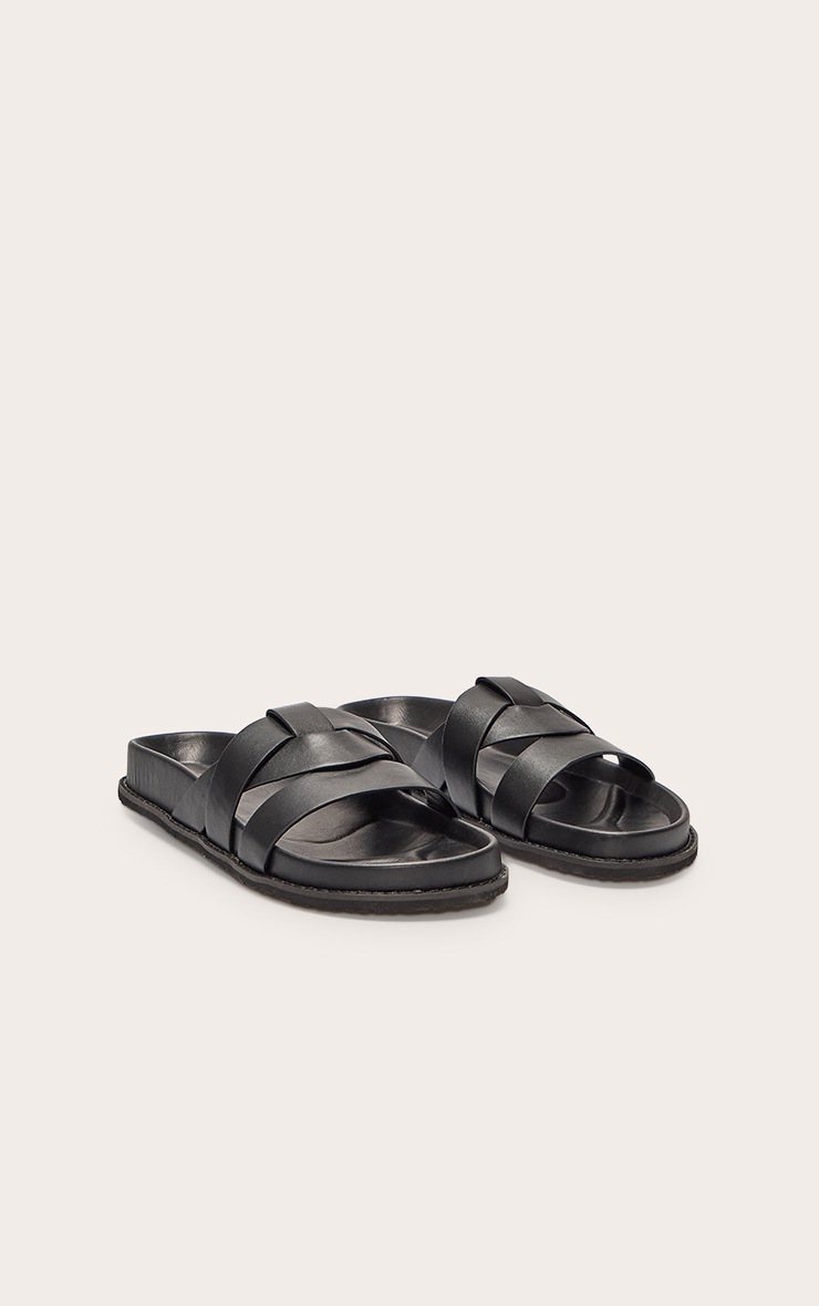 Black Pu Round Toe Weave Chunky Strap Sandals | Footwear | PLT