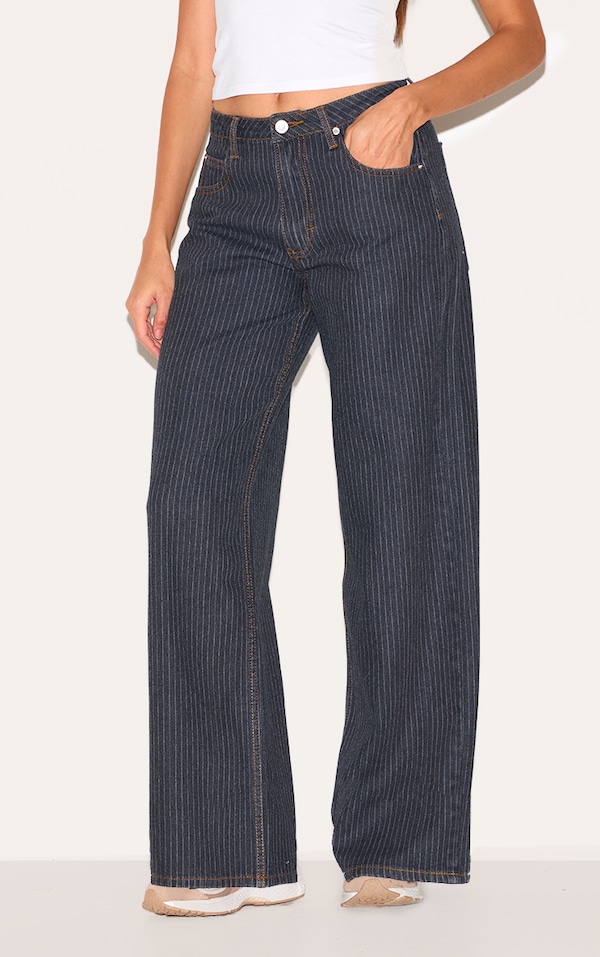 Navy Low Rise Baggy Pinstripe Jeans | Denim | PLT