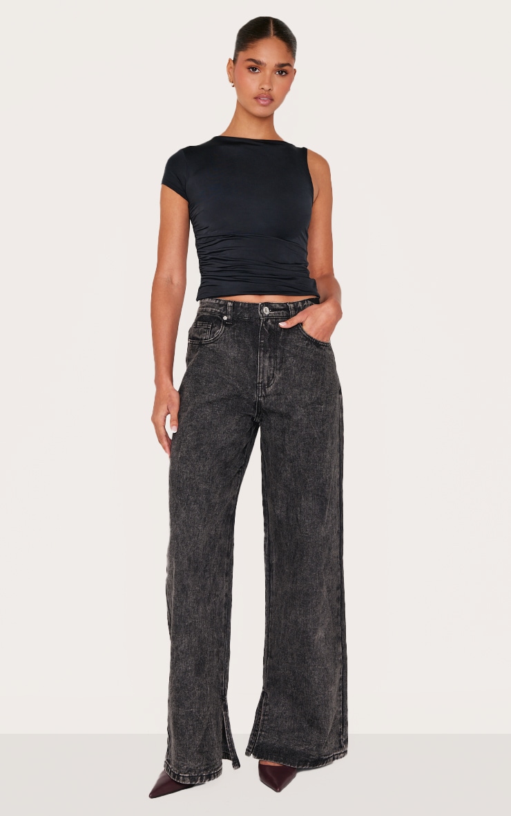 Dark Grey High Rise Split Hem Wide Leg Jeans | Denim | PLT