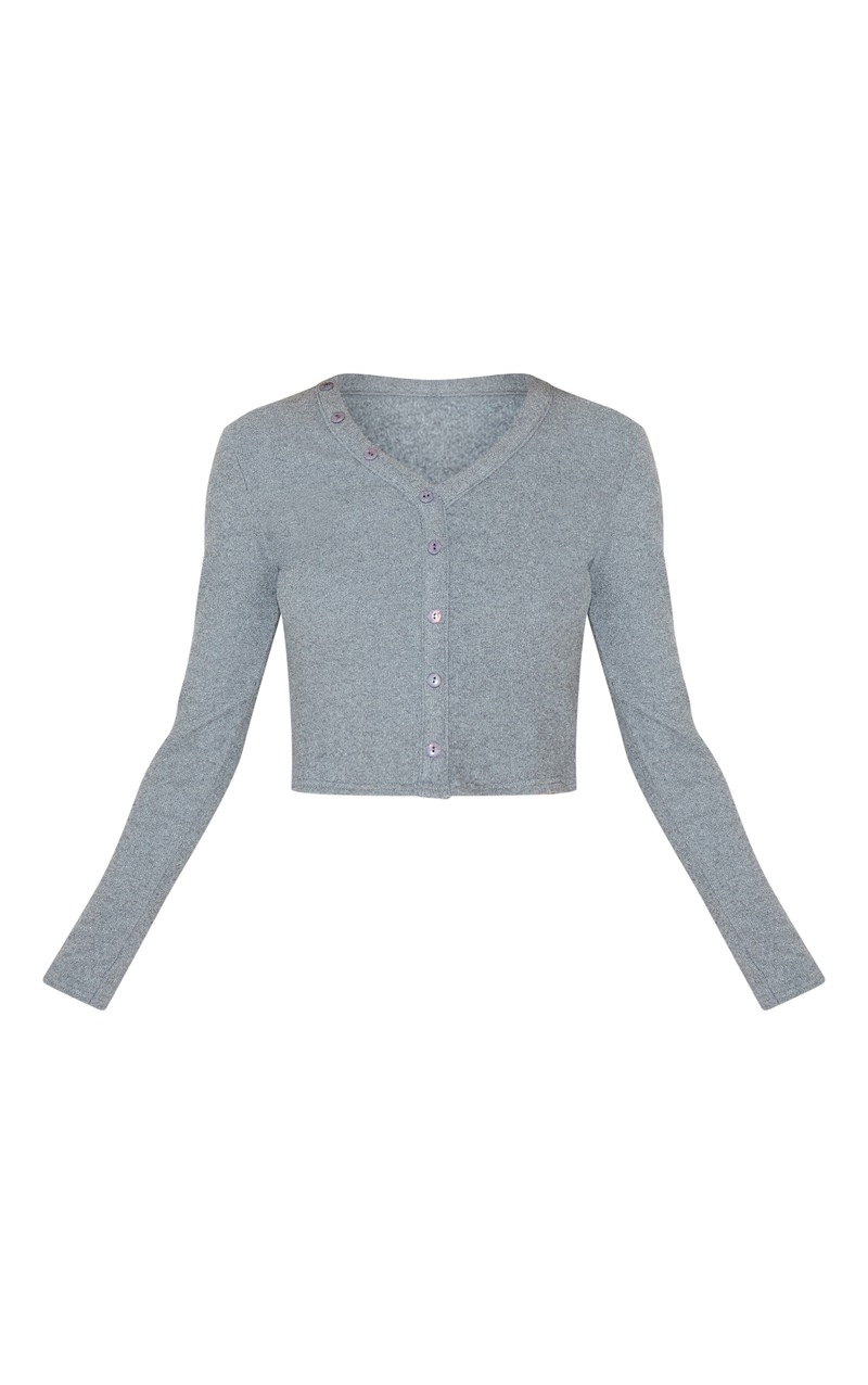 Charcoal Rib Asymmetric Down Long Sleeve Top | Tops | PrettyLittleThing