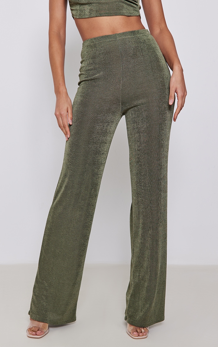 Khaki Acetate Slinky Wide Leg Pants | PrettyLittleThing UAE