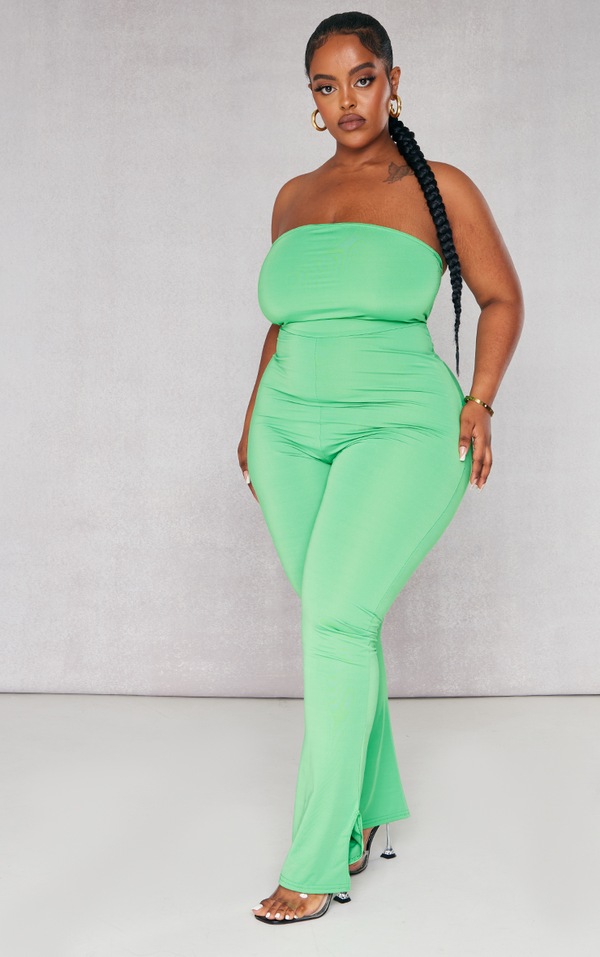 Plus Bright Green Slinky Bandeau Flared Jumpsuit | Plus Size | PLT