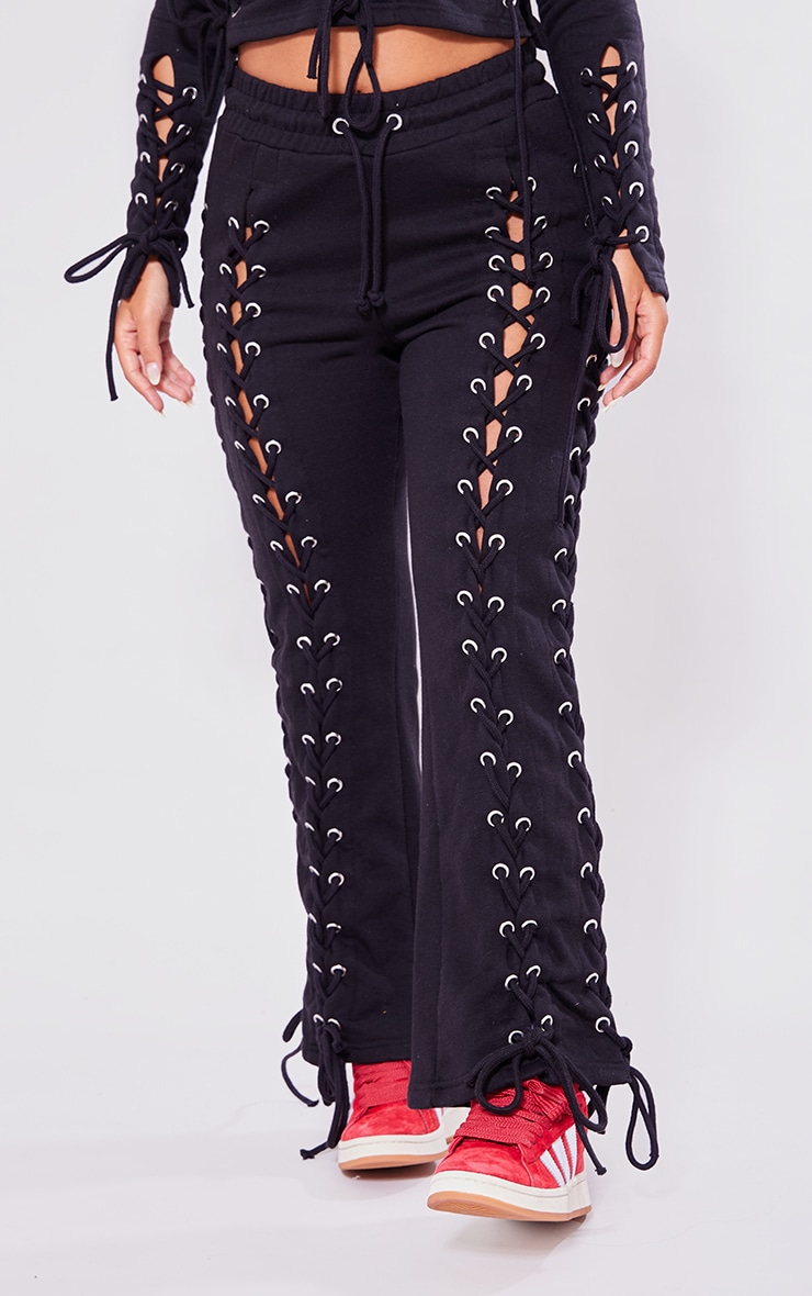 Petite Black Eyelet Detail Lace Up Sweatpants | Petite ...