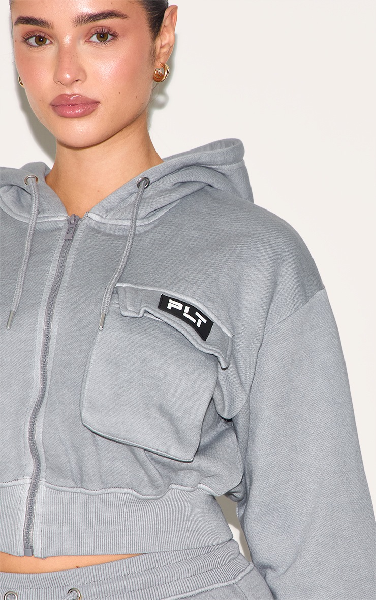 PLT Shape Grey Marl Washed Cargo Cropped Hoodie | Shape | PrettyLittleThing