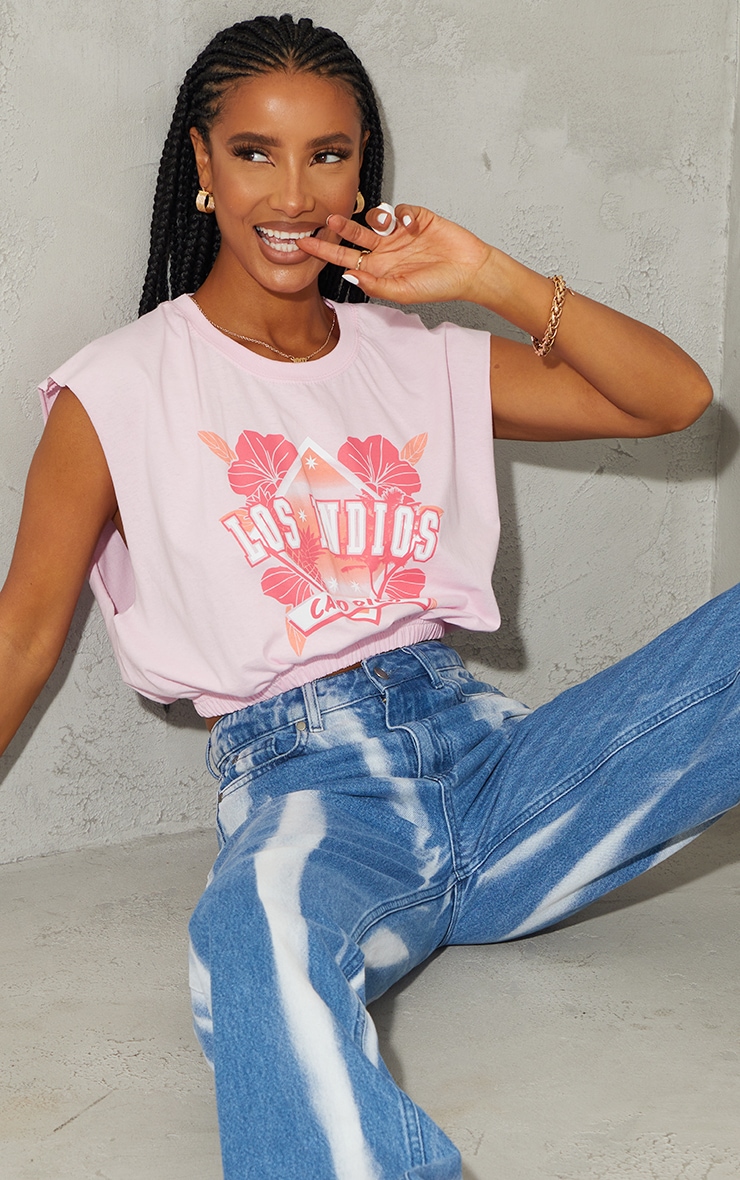 Baby Pink Print Elastic Hem Crop Vest | Tops | PrettyLittleThing